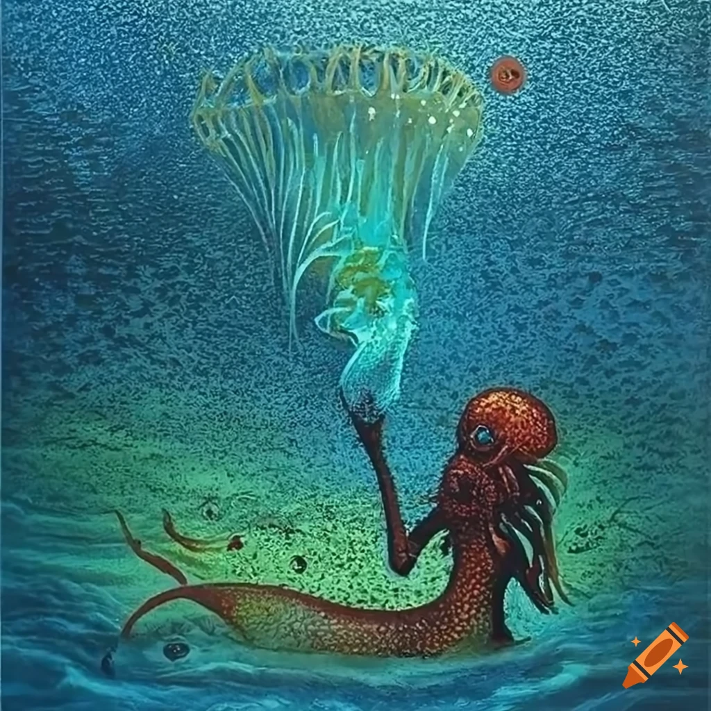 Zdzislaw beksinski painting of deep sea bioluminescence with dark ...