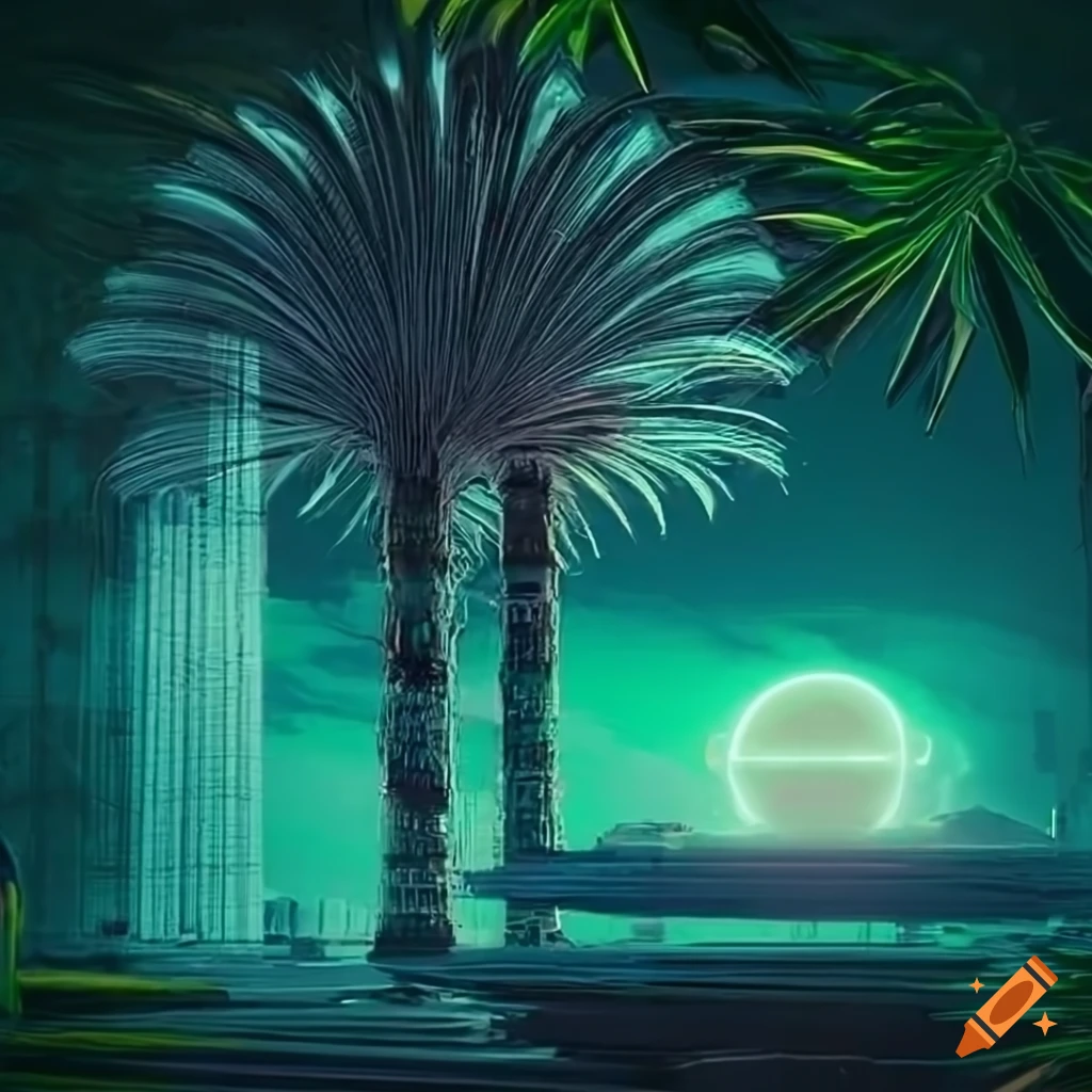 Palma tree and UFO in lush green jungle with dramatic lighting, spider ...