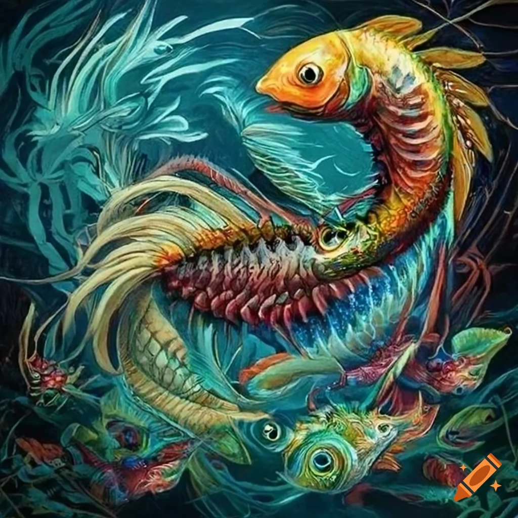 Detail-rich painting of a mythical fish in john dyer baizley's style on ...