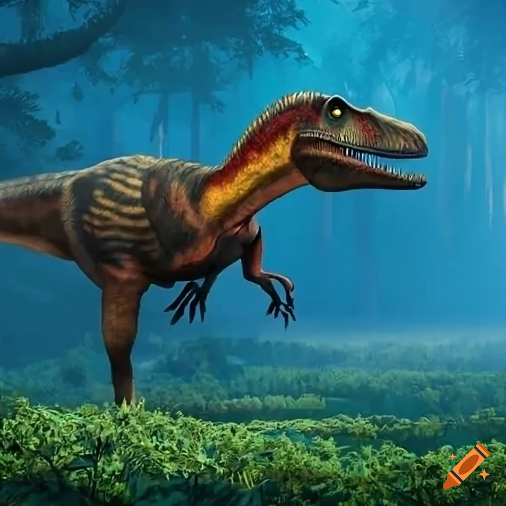 Feathered dinosaur climbing the tree canopy with chipmunk-like patterns ...