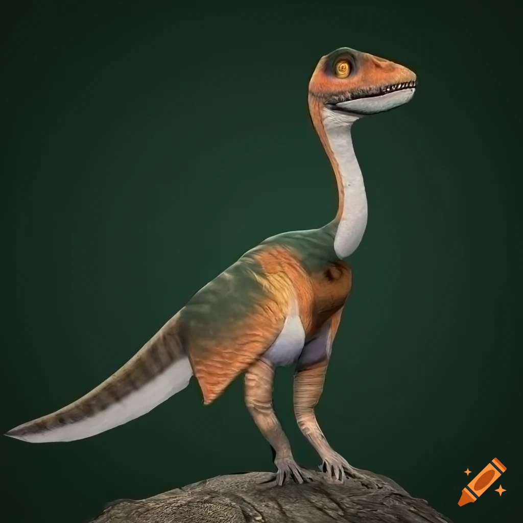 Feathered dinosaur climbing the tree canopy with chipmunk-like patterns ...