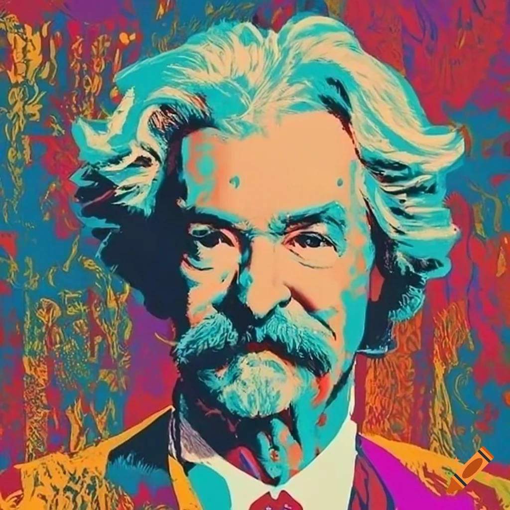 Pop art rendition of Mark Twain's portrait in Andy Warhol style on Craiyon
