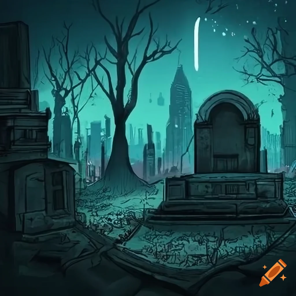 Cemetery with tall trees in a cyberpunk art style on Craiyon