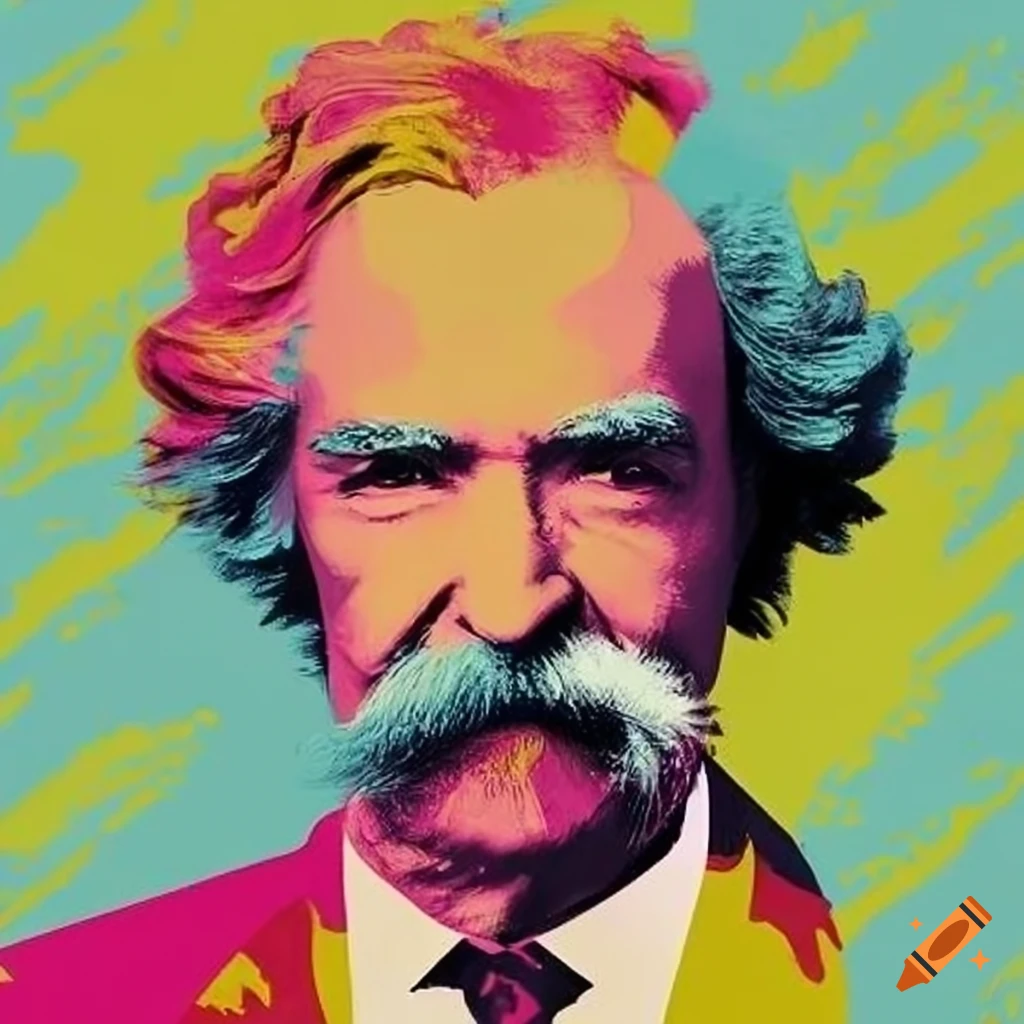 Pop art rendition of Mark Twain's portrait in Andy Warhol style on Craiyon
