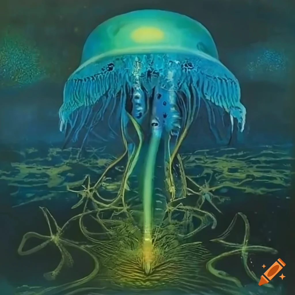 Zdzislaw beksinski painting of deep sea bioluminescence with dark ...