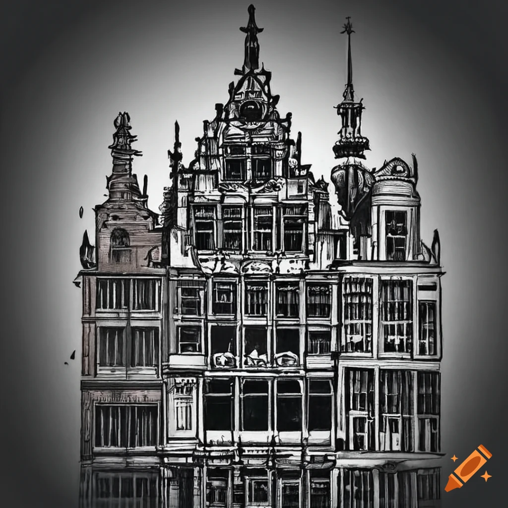 Intricate black and white Flemish style cityscape tattoo design on Craiyon