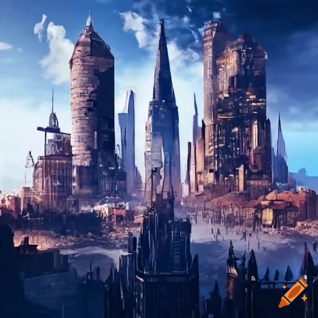 Futuristic medieval blend of flying cars and horses in a dense business ...