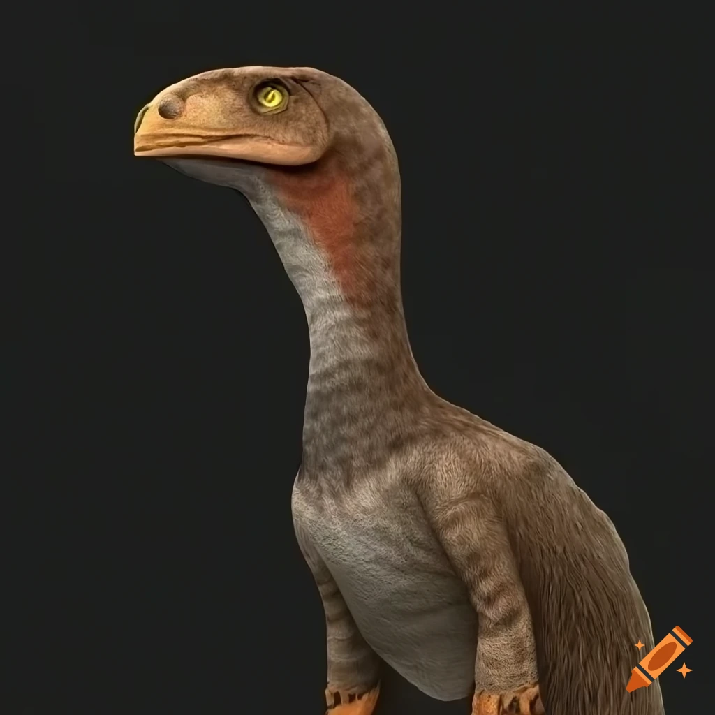 Feathered dinosaur climbing tree canopy with unique brown and cinnamon ...