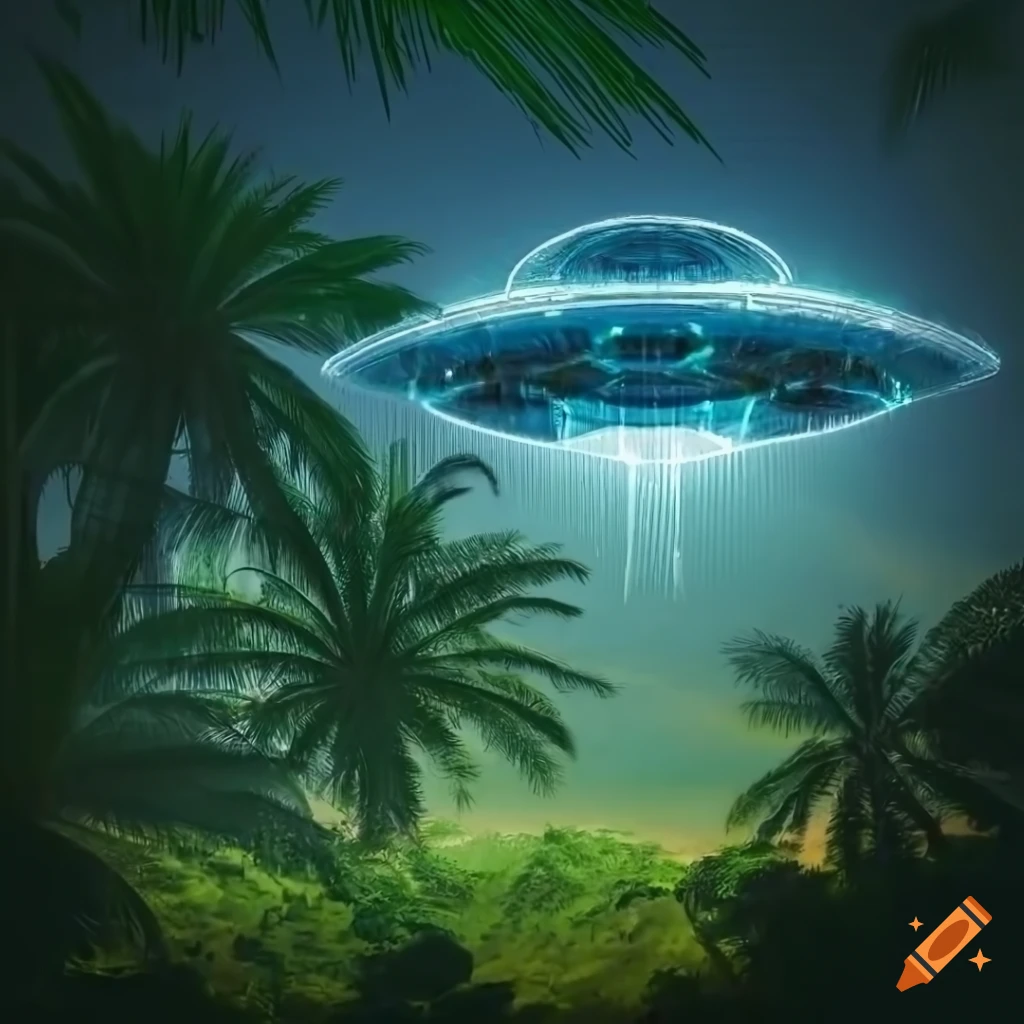 Palma tree and ufo view from below in lush green jungle with dramatic ...