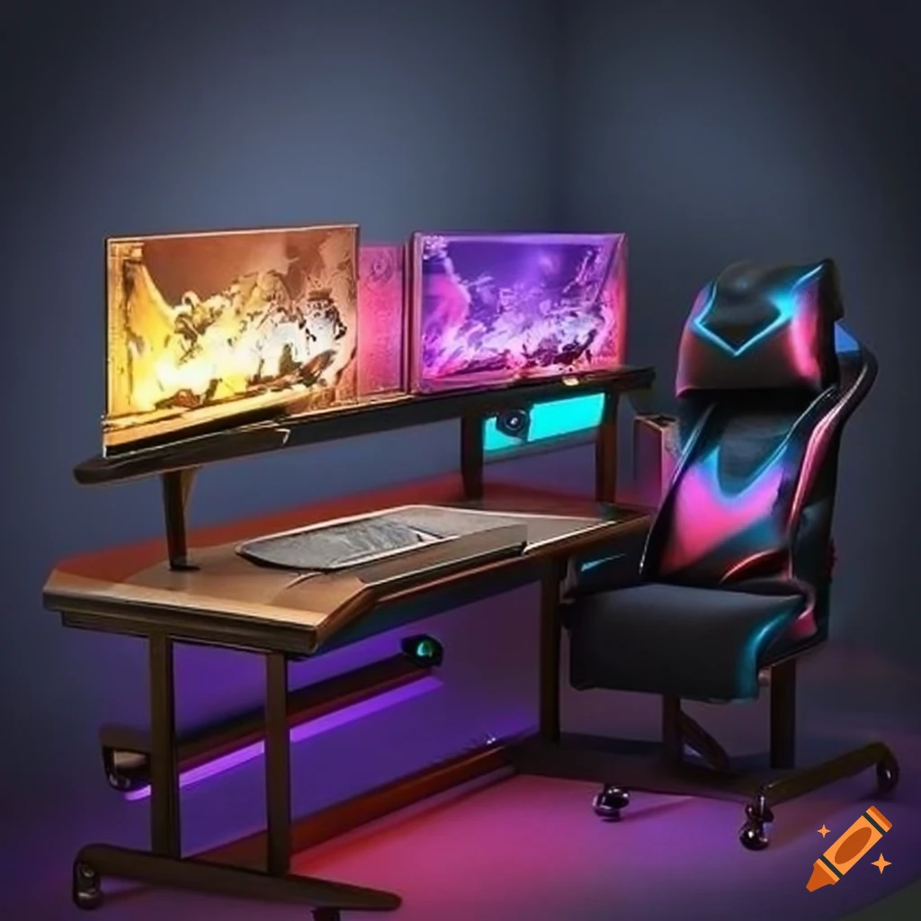 Bronze gaming desk and pc setup facing right on Craiyon