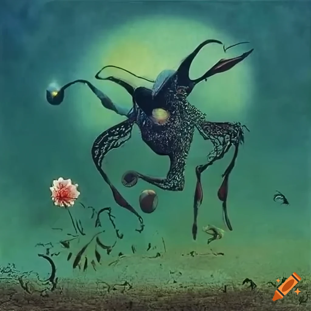 Zdzislaw Beksinski jungle painting with Salish creature motifs and ...