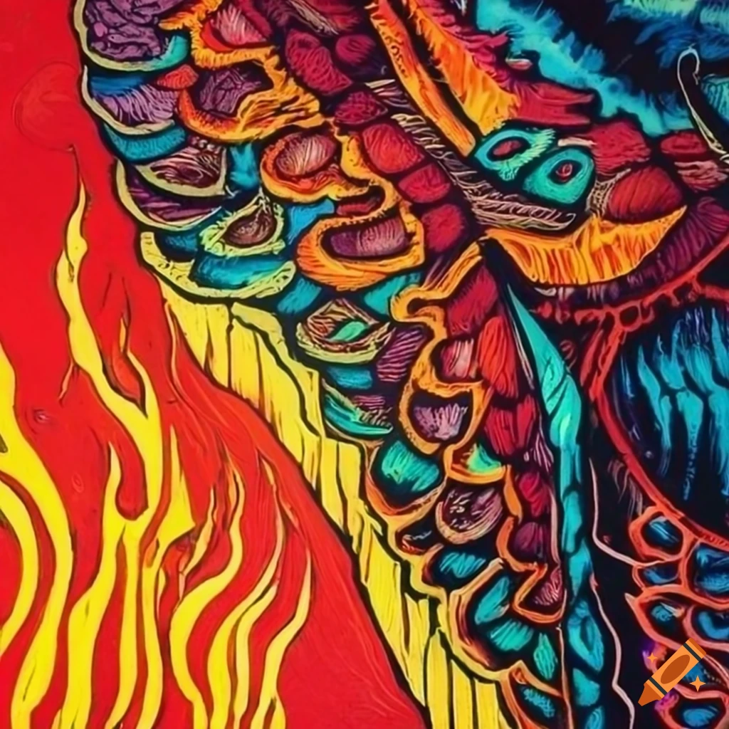 Intricately detailed linocut artwork of moth wings on fire on Craiyon
