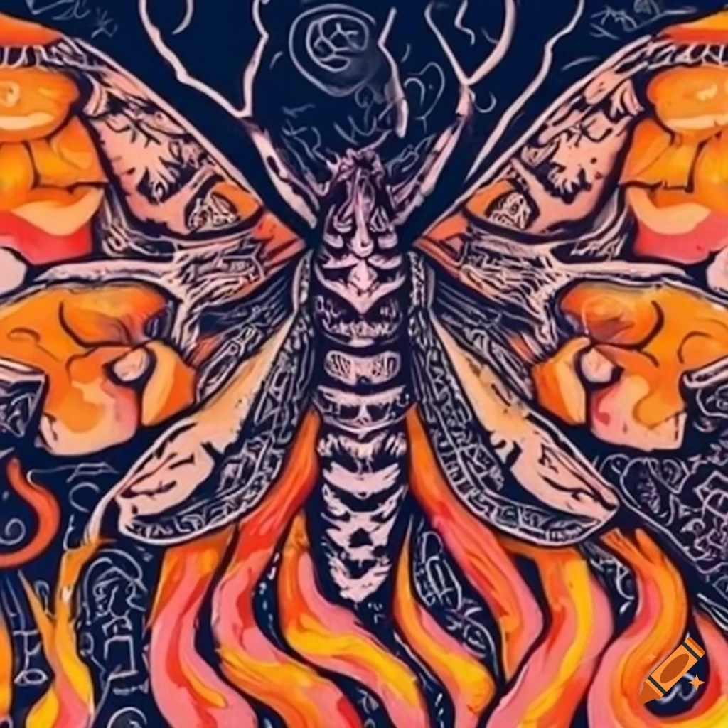 Intricately detailed linocut artwork of fiery moth wings on Craiyon