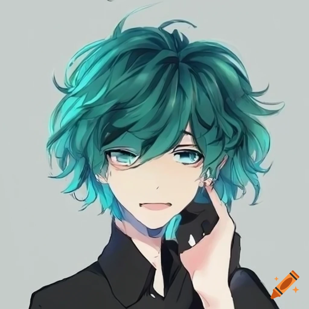 Anime-style cute boy with teal hair and black roots showing on Craiyon