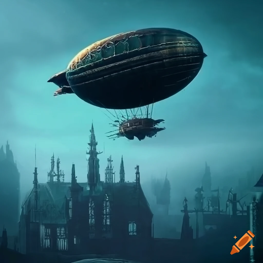 Metallic dirigible airship flying low through gothic architecture in ...