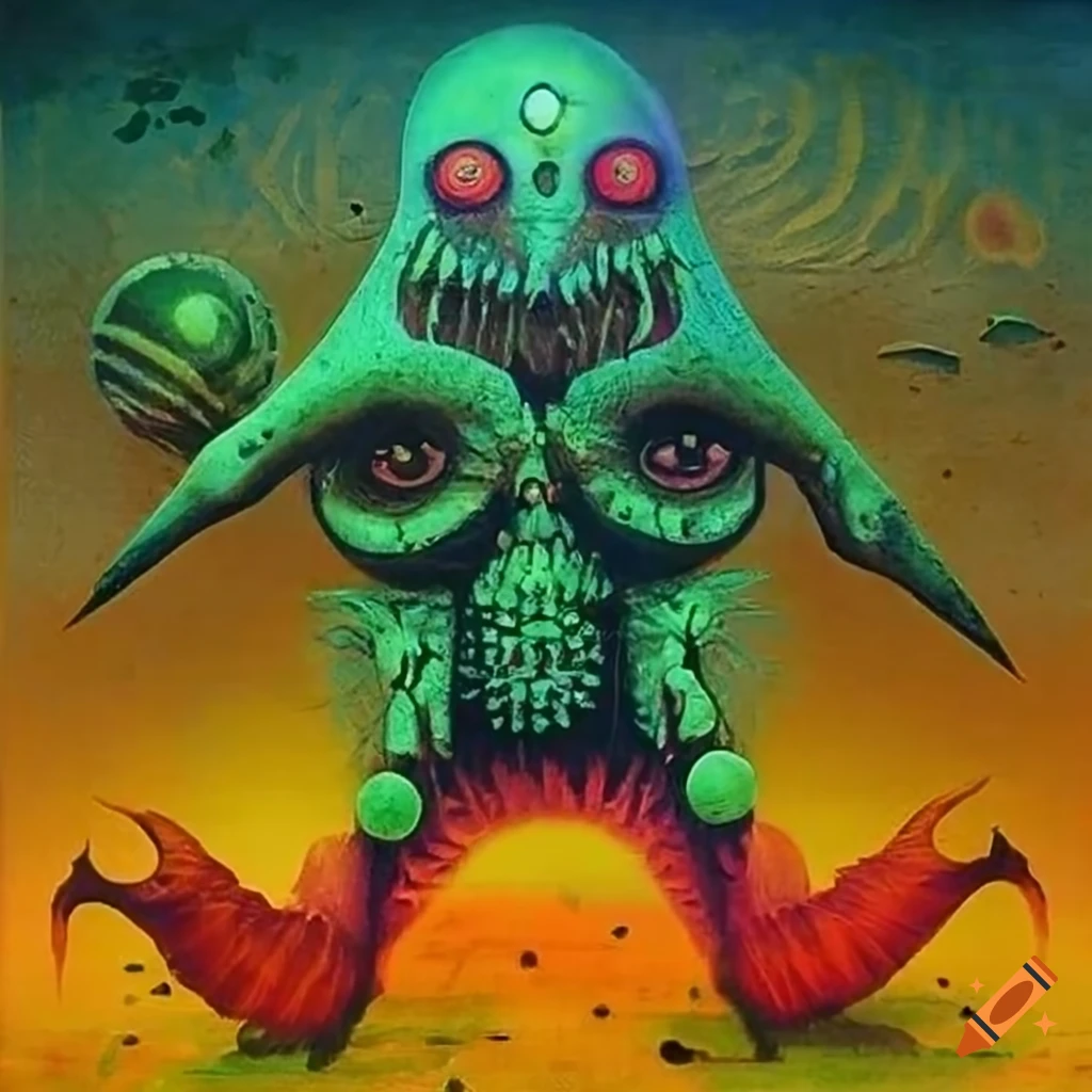 Surreal artwork featuring a jungle with mythical creatures and humanoid ...