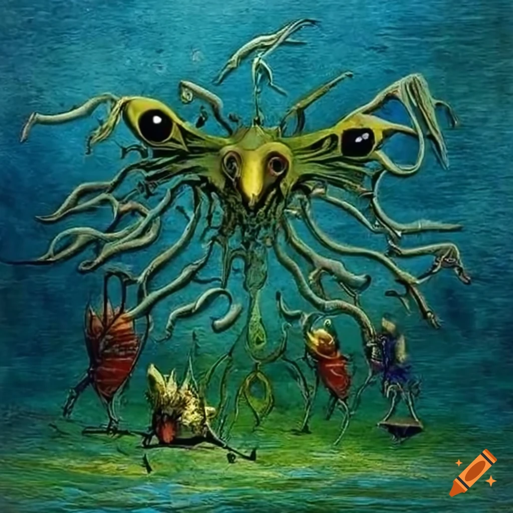 Zdzislaw Beksinski jungle painting with Salish creature motifs and ...