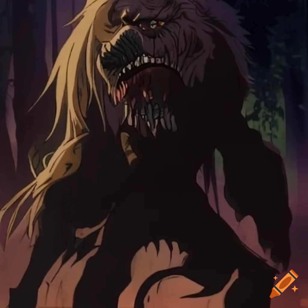 80's anime style warlock troll beast roaring in primitive armor on Craiyon