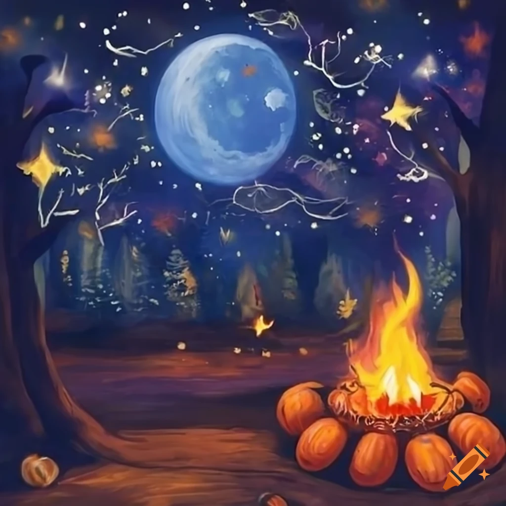 Magical fall forest with a pumpkin patch, campfire, stars, and moon painting on Craiyon