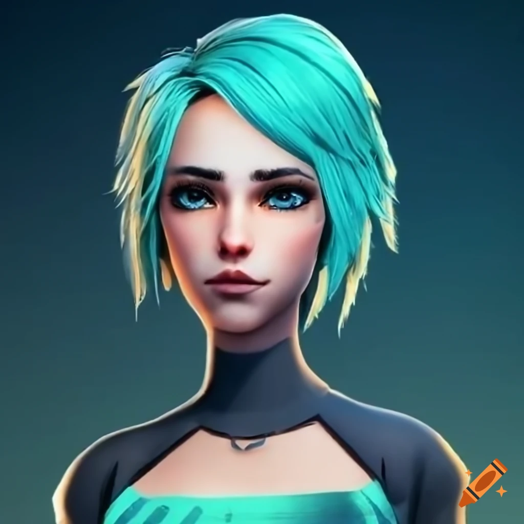 Description of a character with turquoise short hair and bright green ...