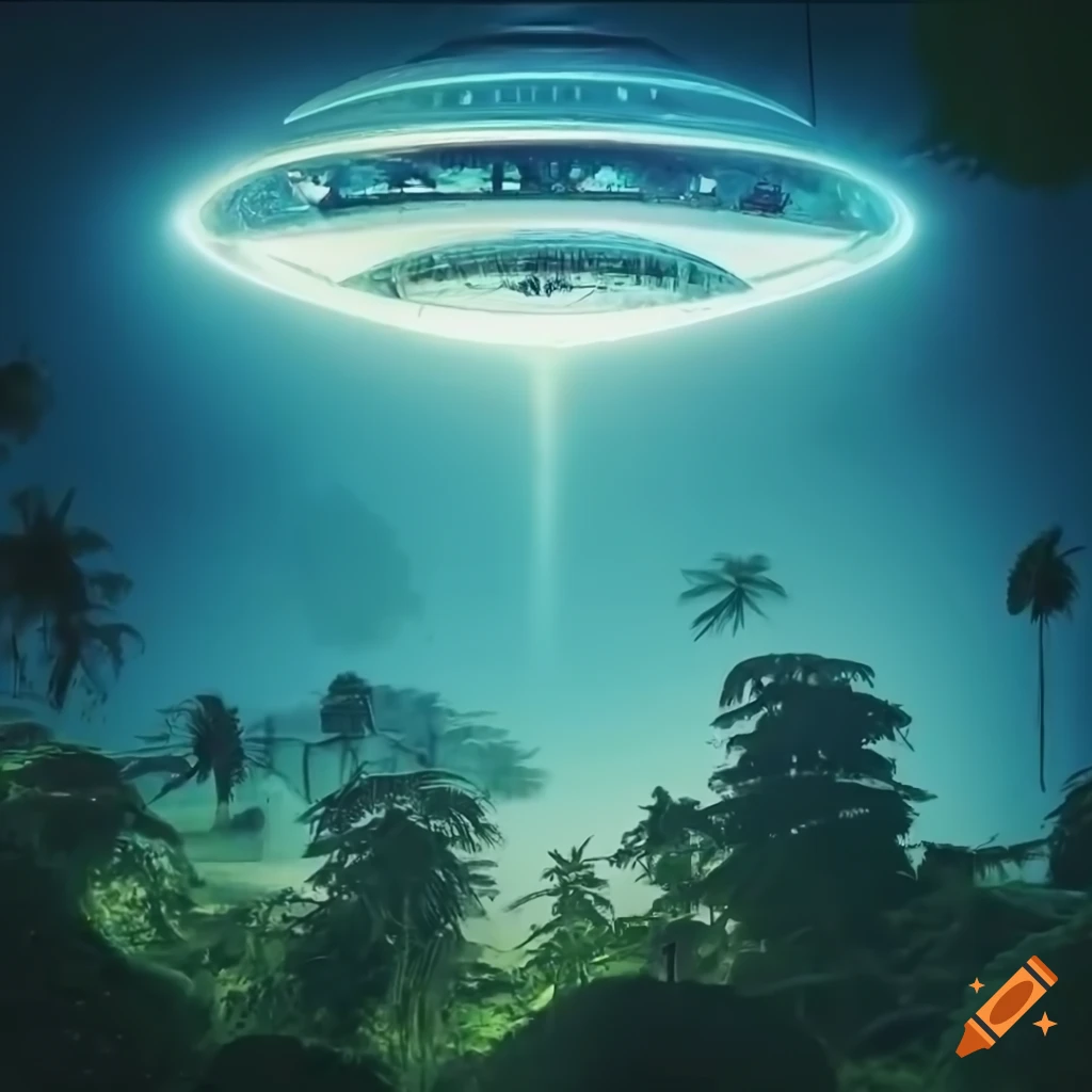 Detailed engineering drawing of a ufo above a lush green jungle with ...
