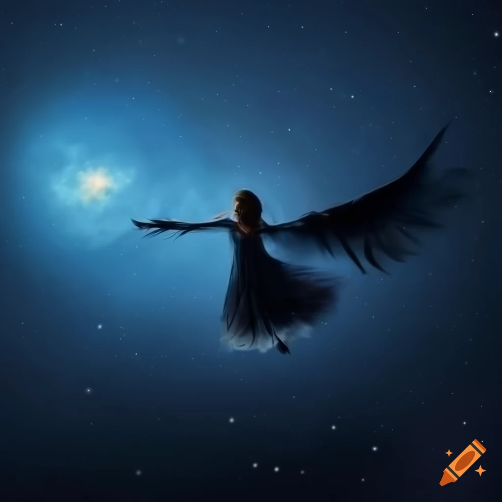 Girl flying on feather rug reaching for a bright star in the night sky ...