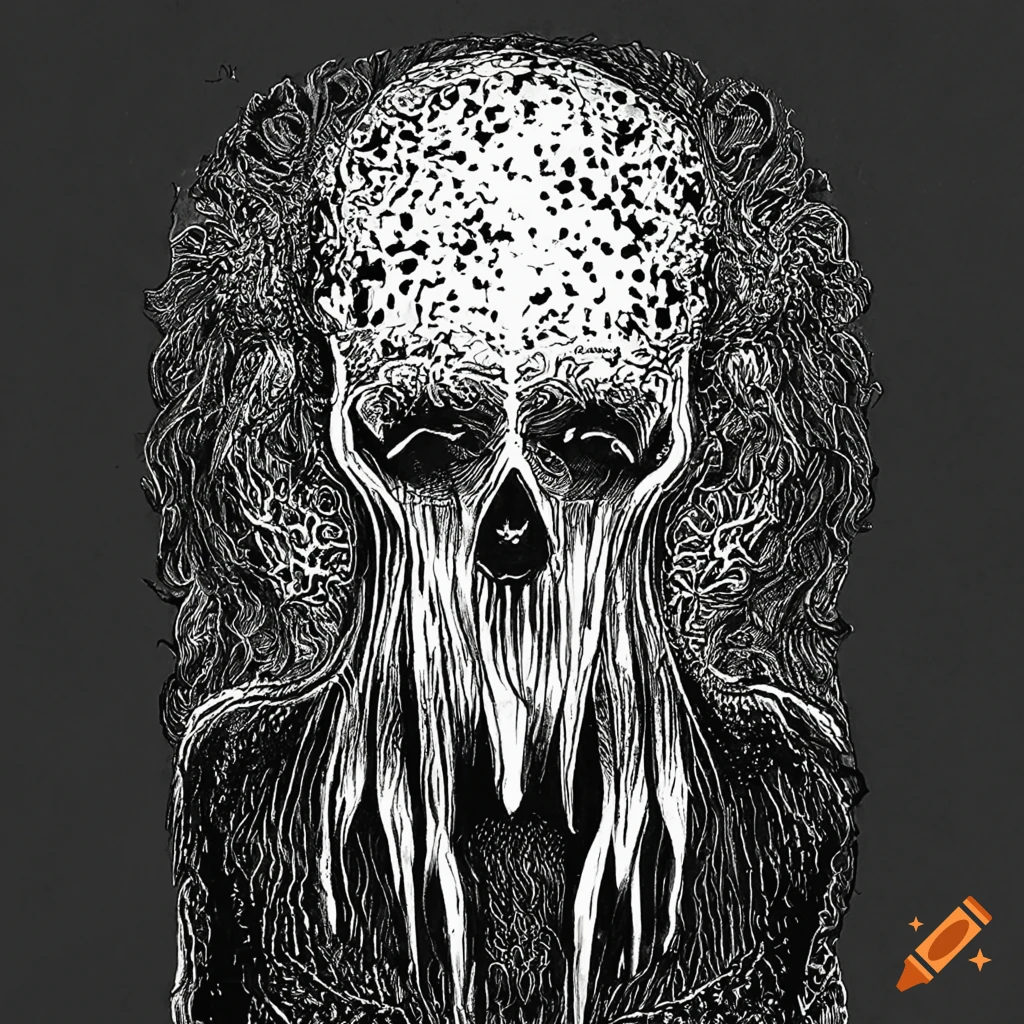 Intricate black and white ink drawing of a tormented ghost overwhelmed ...