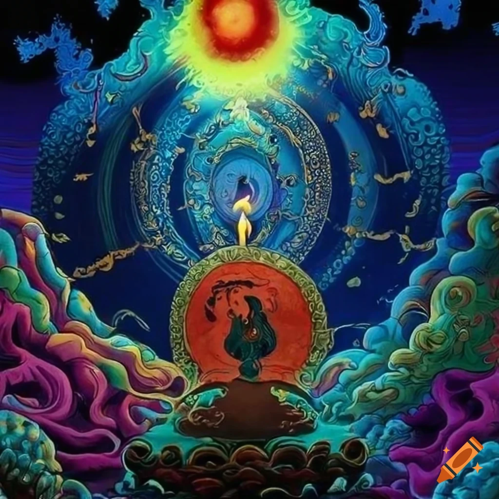 Tibetan thangka art with psychedelic comic book surrealism on Craiyon