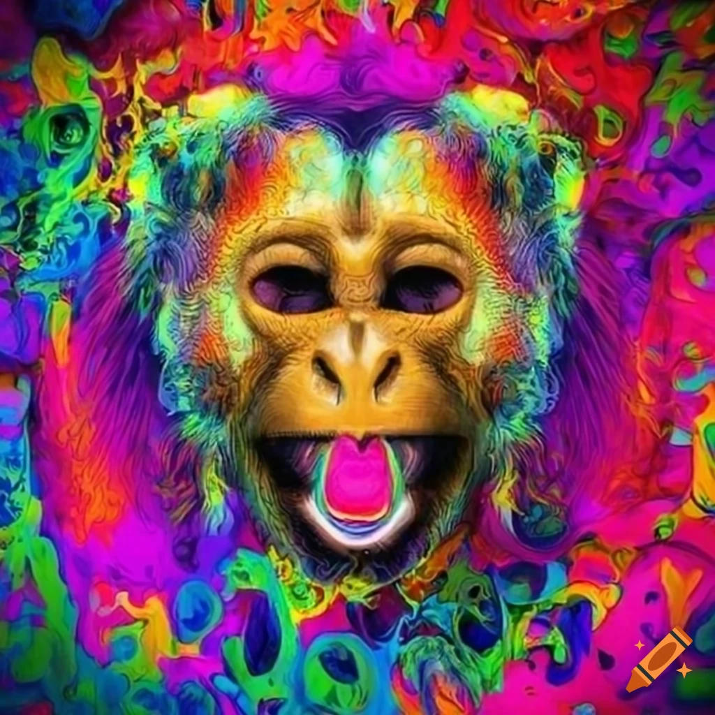 Smiling capuchin monkey surrounded by psychedelic motifs on Craiyon