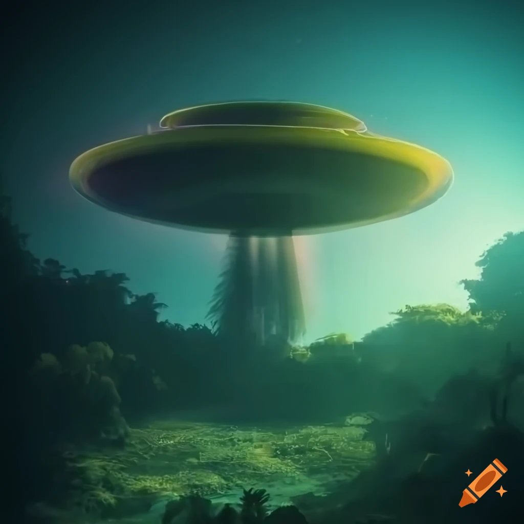 Detailed spider engineering drawing of a ufo and palm tree in a lush ...