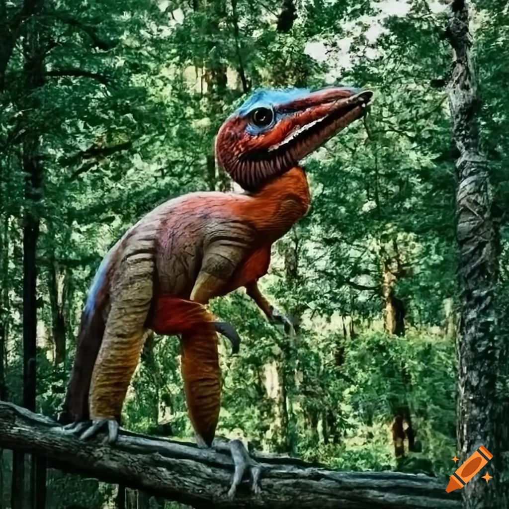 Feathered dinosaur climbing in the tree canopy with unique colorful ...
