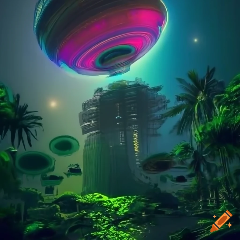 Detailed spider engineering drawing of a ufo and palm tree in lush ...