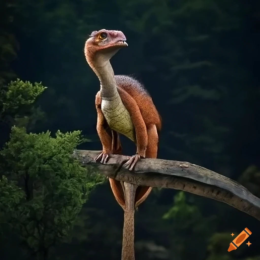 Feathered dinosaur with chipmunk-like colors climbing the tree canopy ...