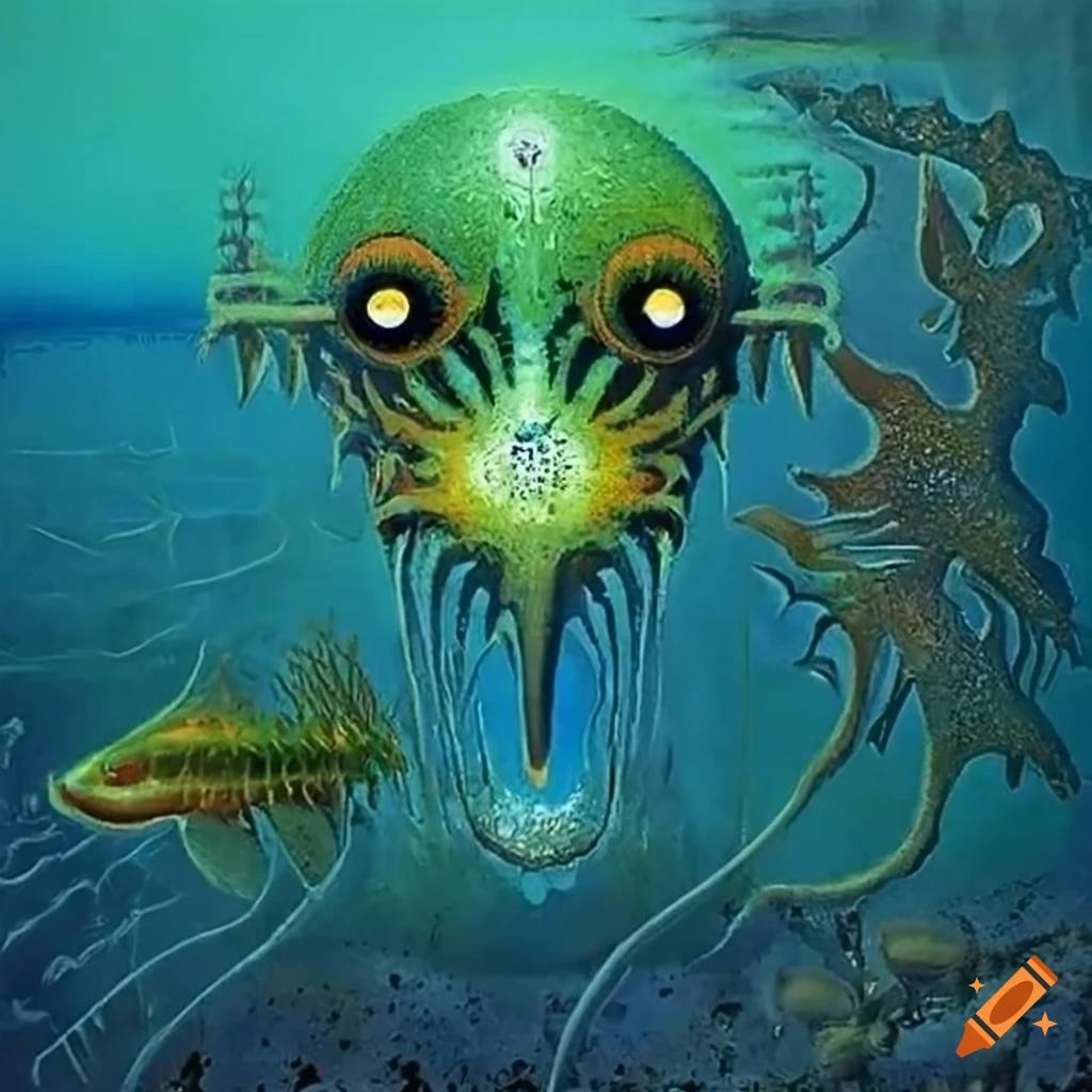 Zdzislaw beksinski painting of deep sea bioluminescence with dark ...