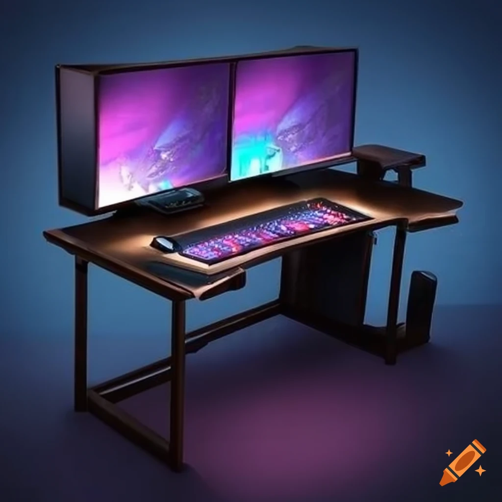 Bronze gaming desk with pc setup on Craiyon