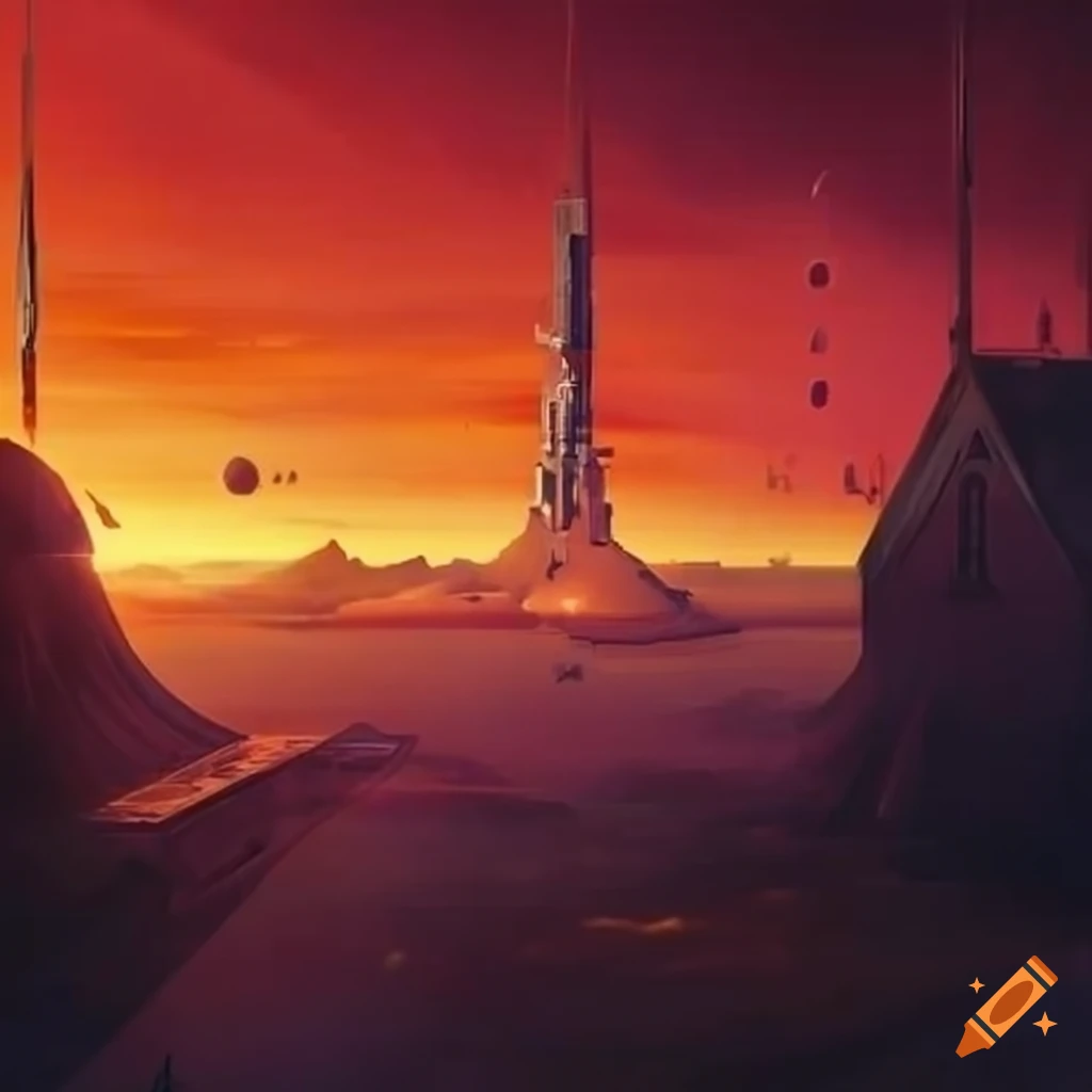 Stunning sunset at a spaceport station in 70's sci-fi style on Craiyon