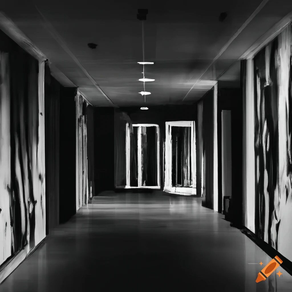 Corporate liminal space in black and white grain expressionism style on ...