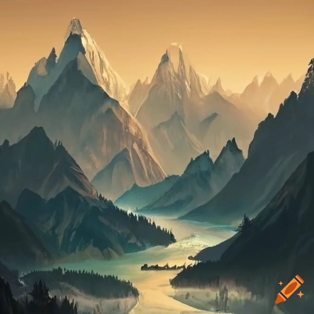 Detailed map art of towering mountain range and winding river on Craiyon
