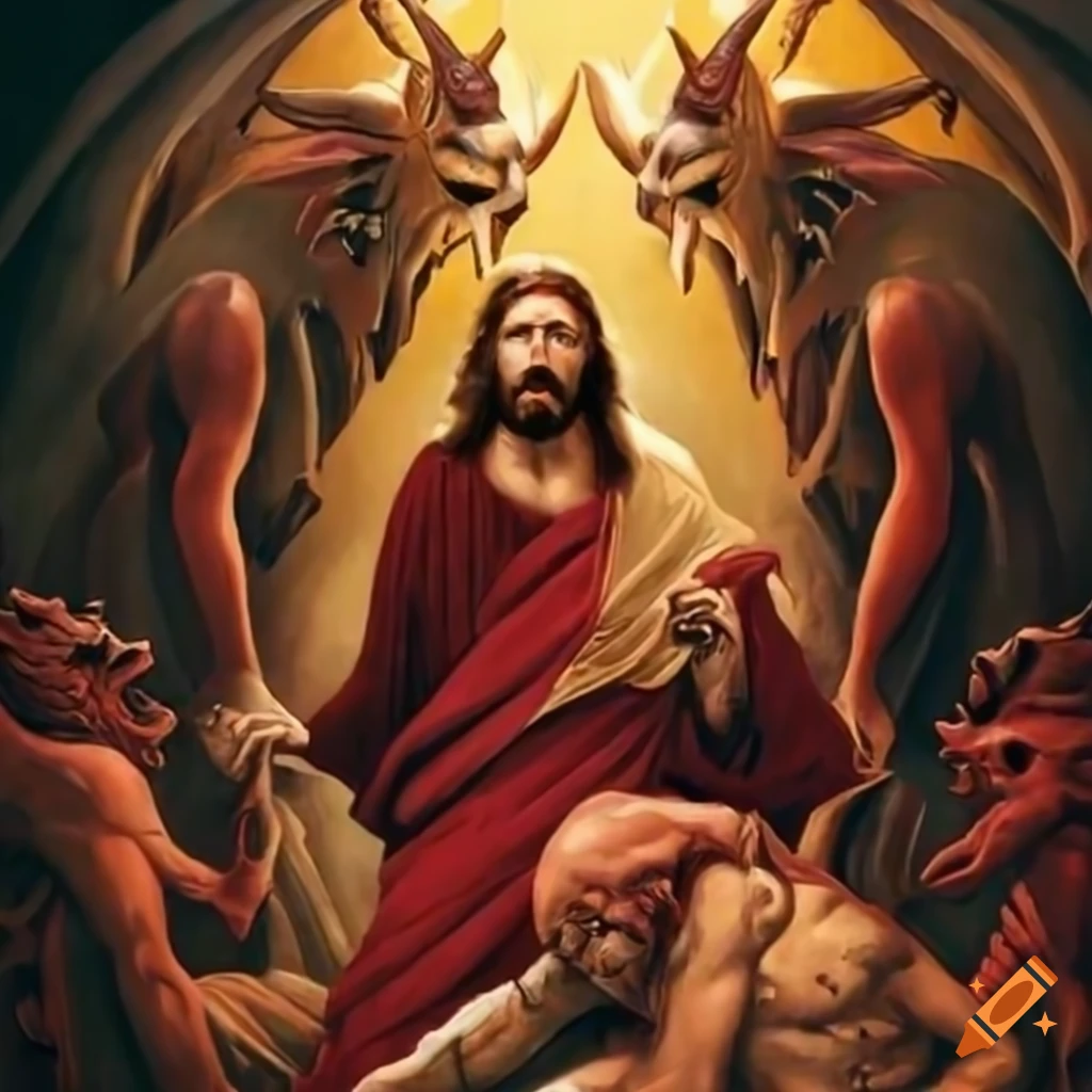 Depiction of jesus christ triumphing over satan in a religious scene on Craiyon
