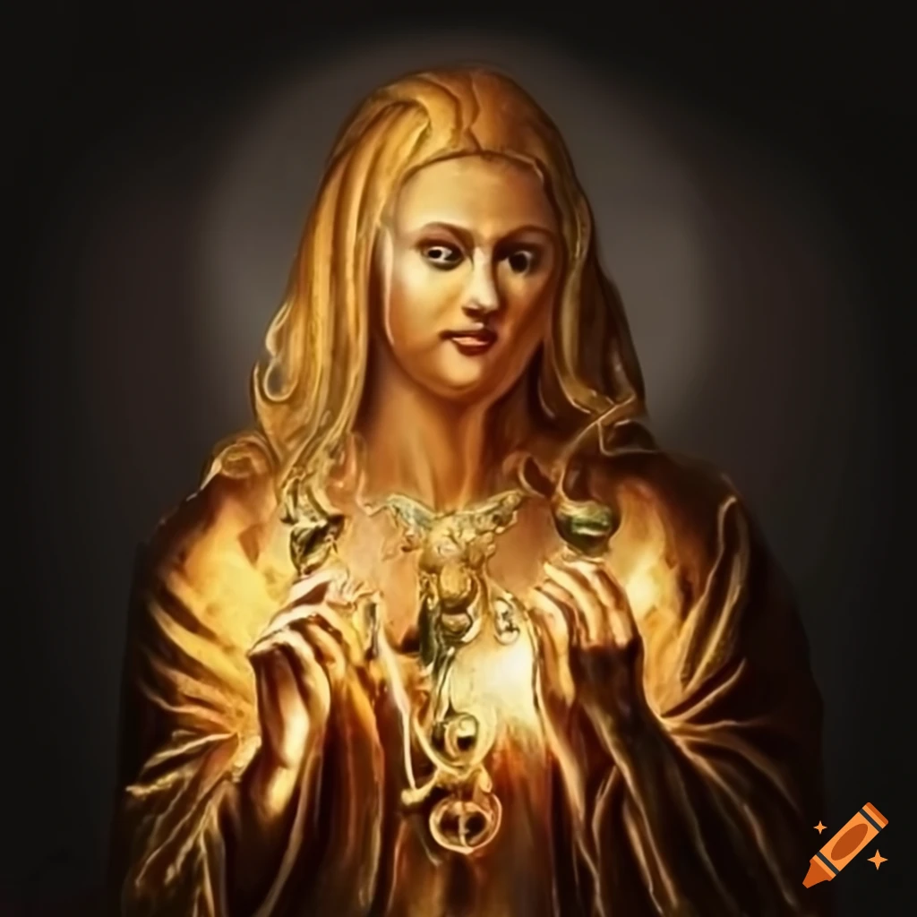 Lucifer adorned with precious gems, golden skin, wings, on a sacred ...