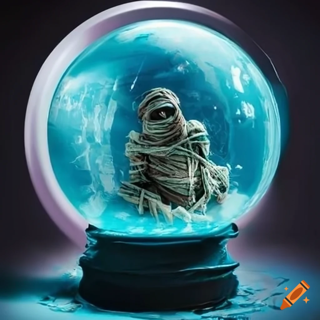 Mummy wrapped in bandages inside a water globe on a shelf on Craiyon