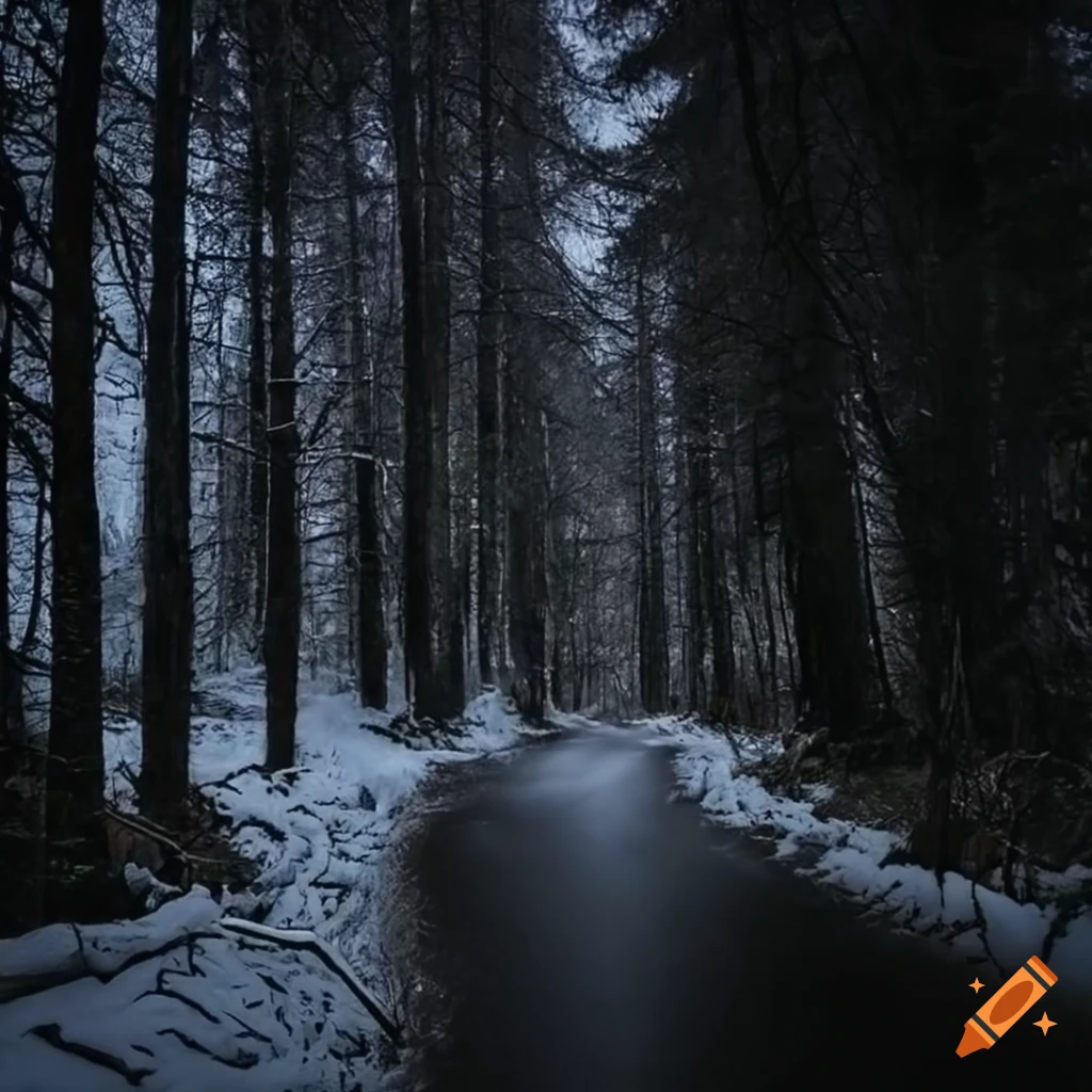 Ominous snowy hiking trail in a highly realistic style on Craiyon