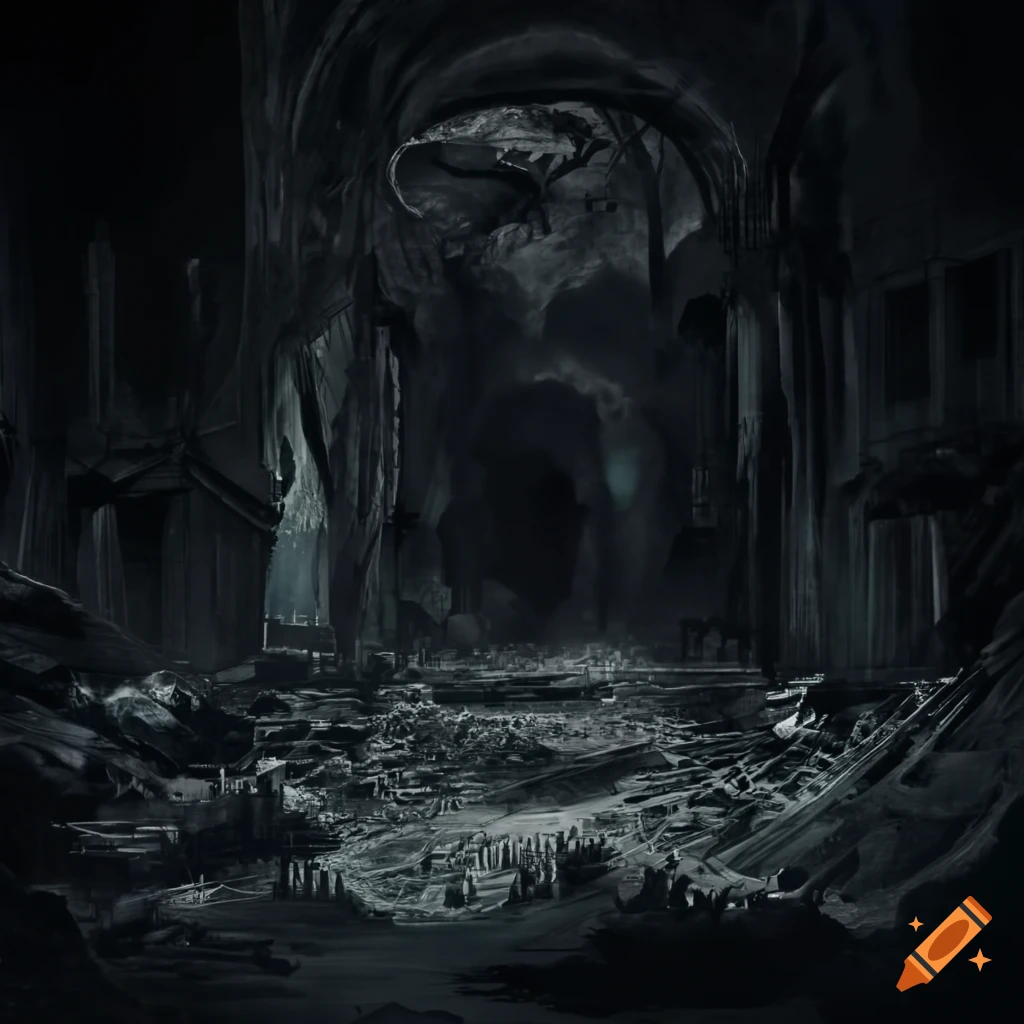 Dark and chaotic arena resembling a ruined urban environment with ...