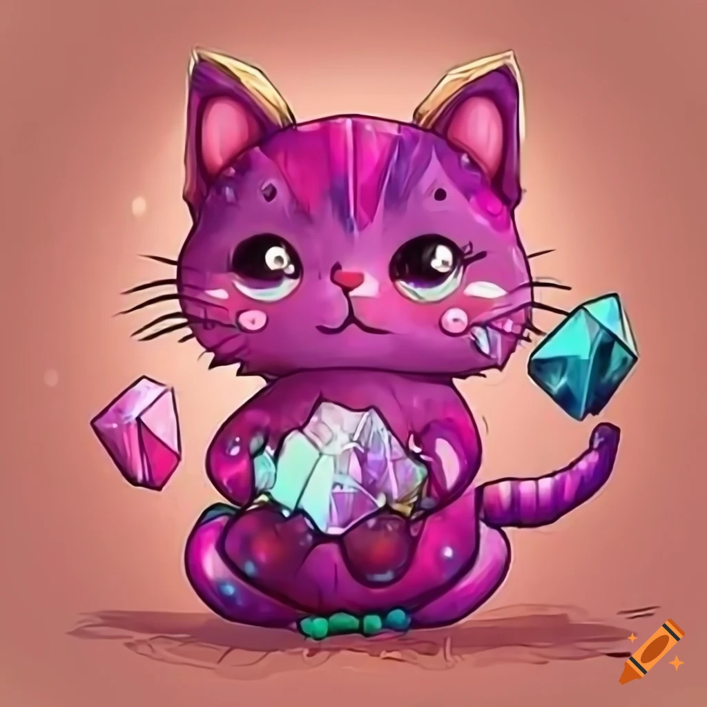 Cute cartoon magenta pink kitten holding a big crystal on Craiyon