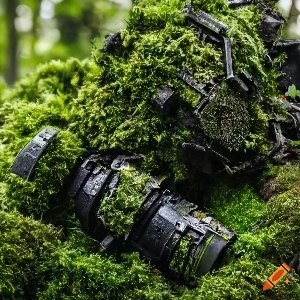 Broken and moss-covered post-apocalyptic android in hyper hd 32k ...