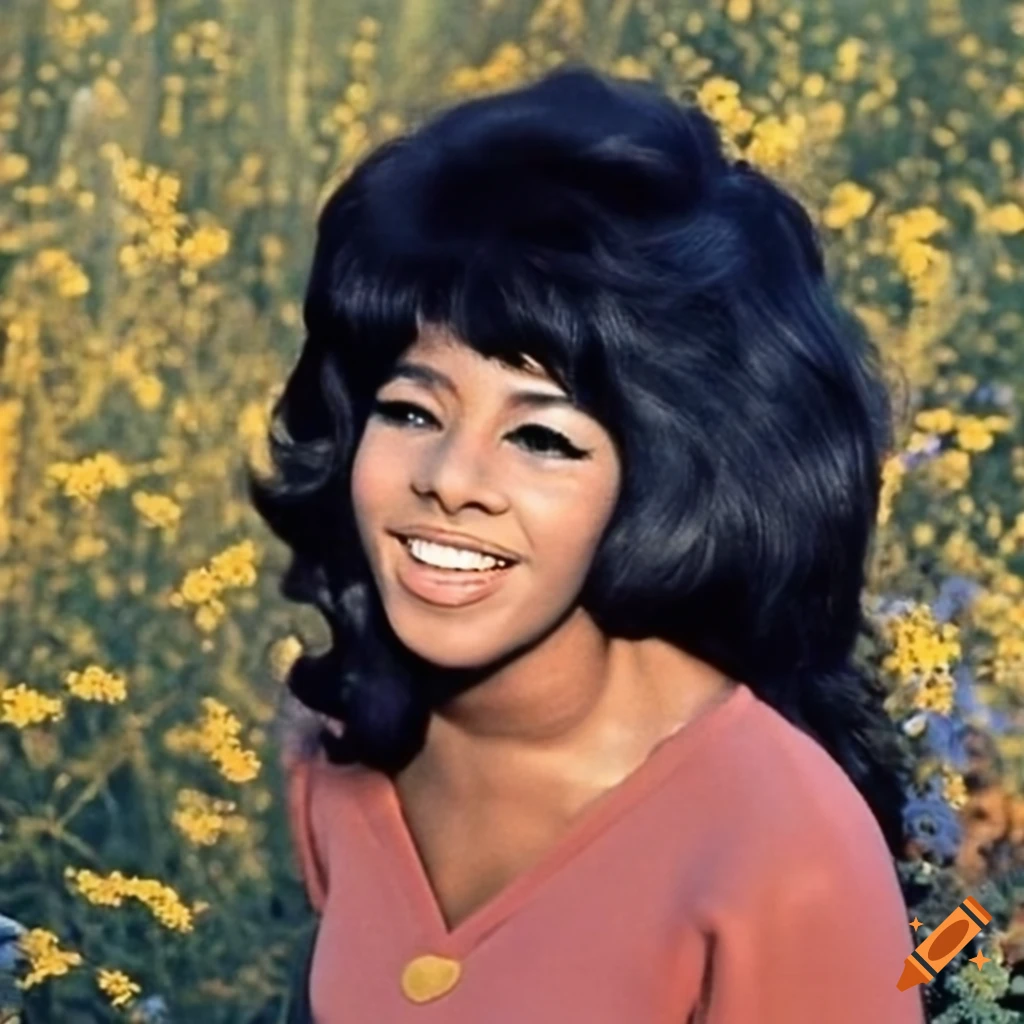 Estelle Bennett of The Ronettes in a sunset with wild flowers, 70s v ...