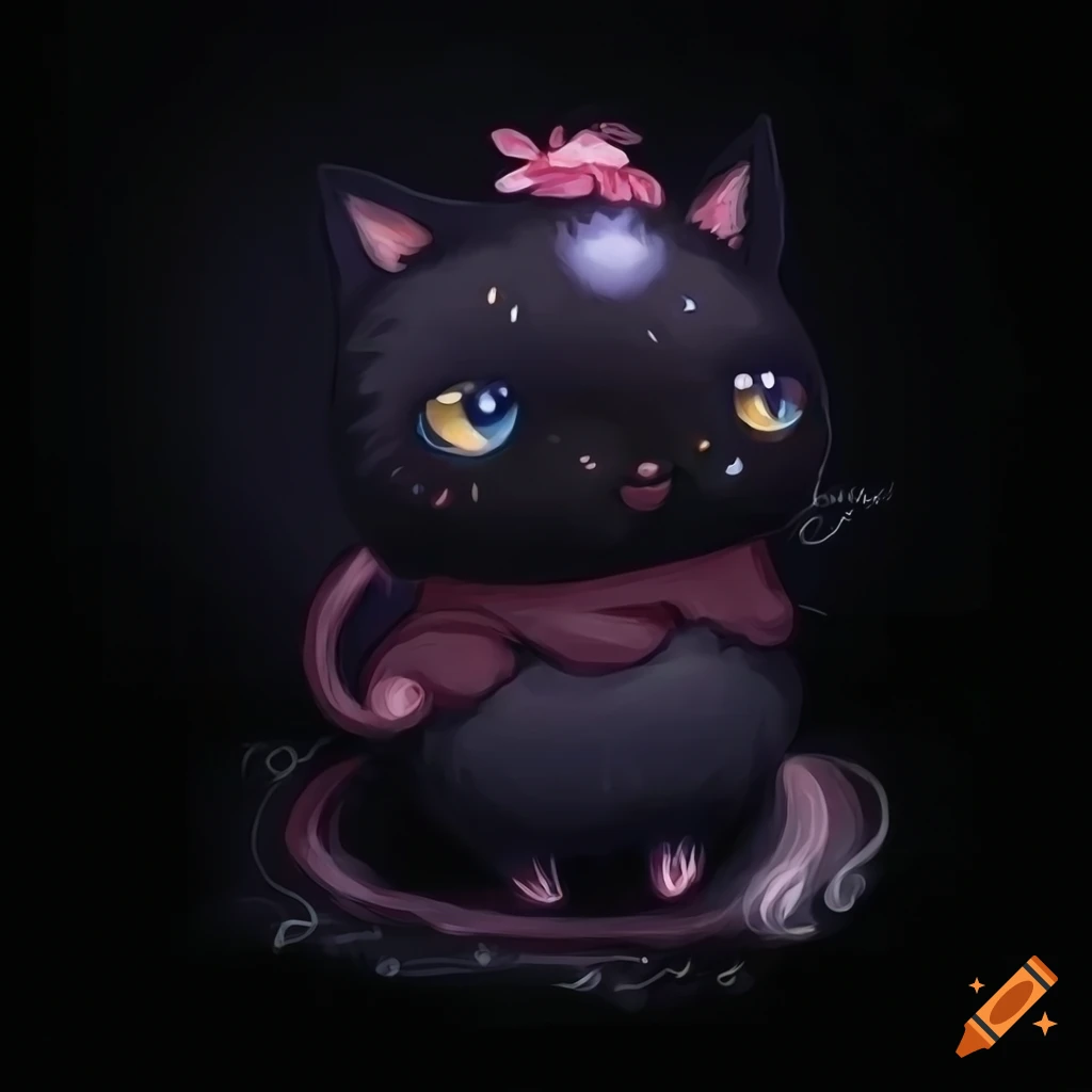 Cute and adorable cartoon black kitten in a dreamlike fantasy setting on Craiyon