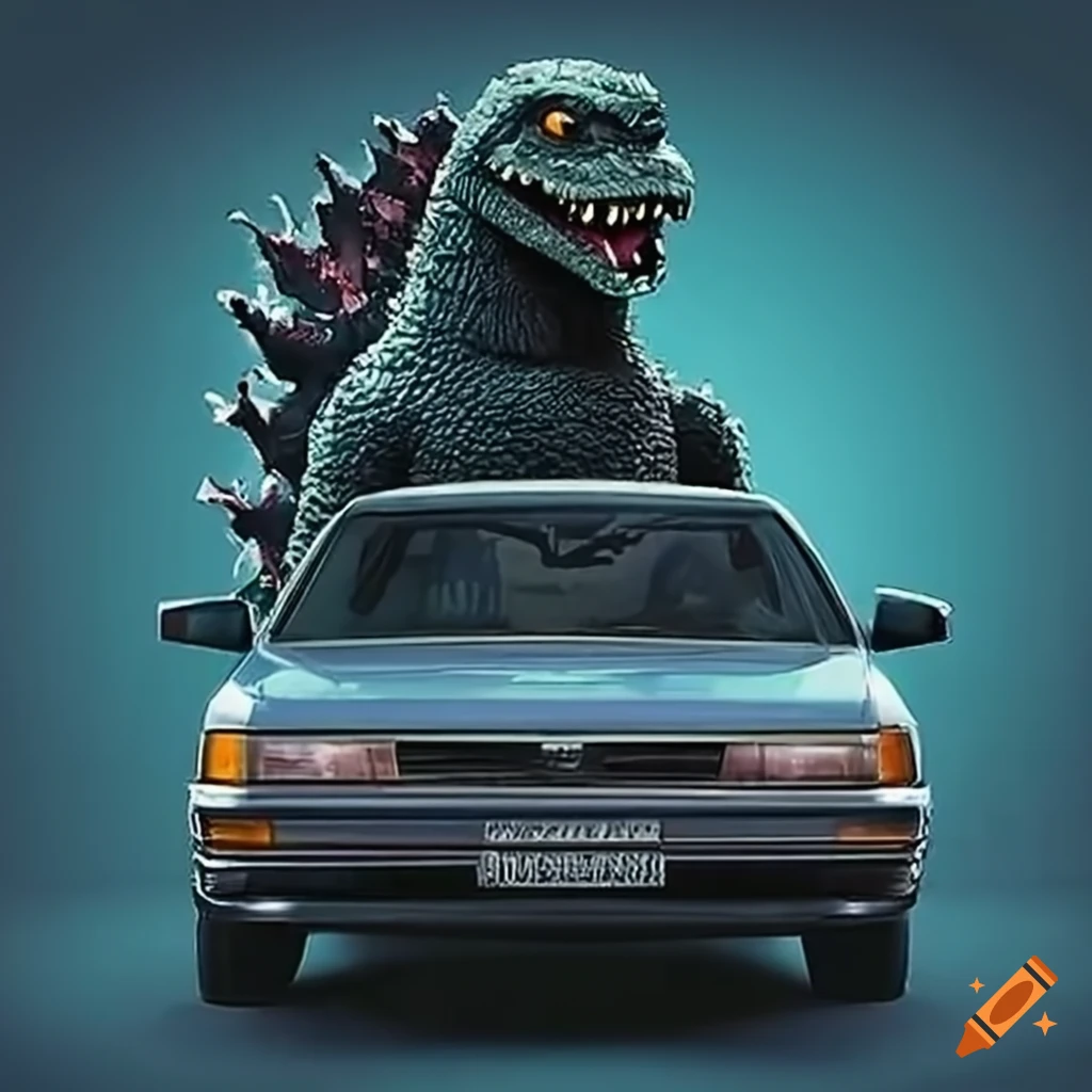 Godzilla with heart-shaped glasses driving a 1989 toyota camry on Craiyon