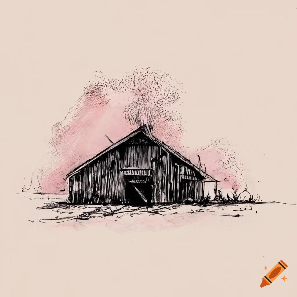 Detailed black ink sketch of geometric farm barn in field with fire and ...