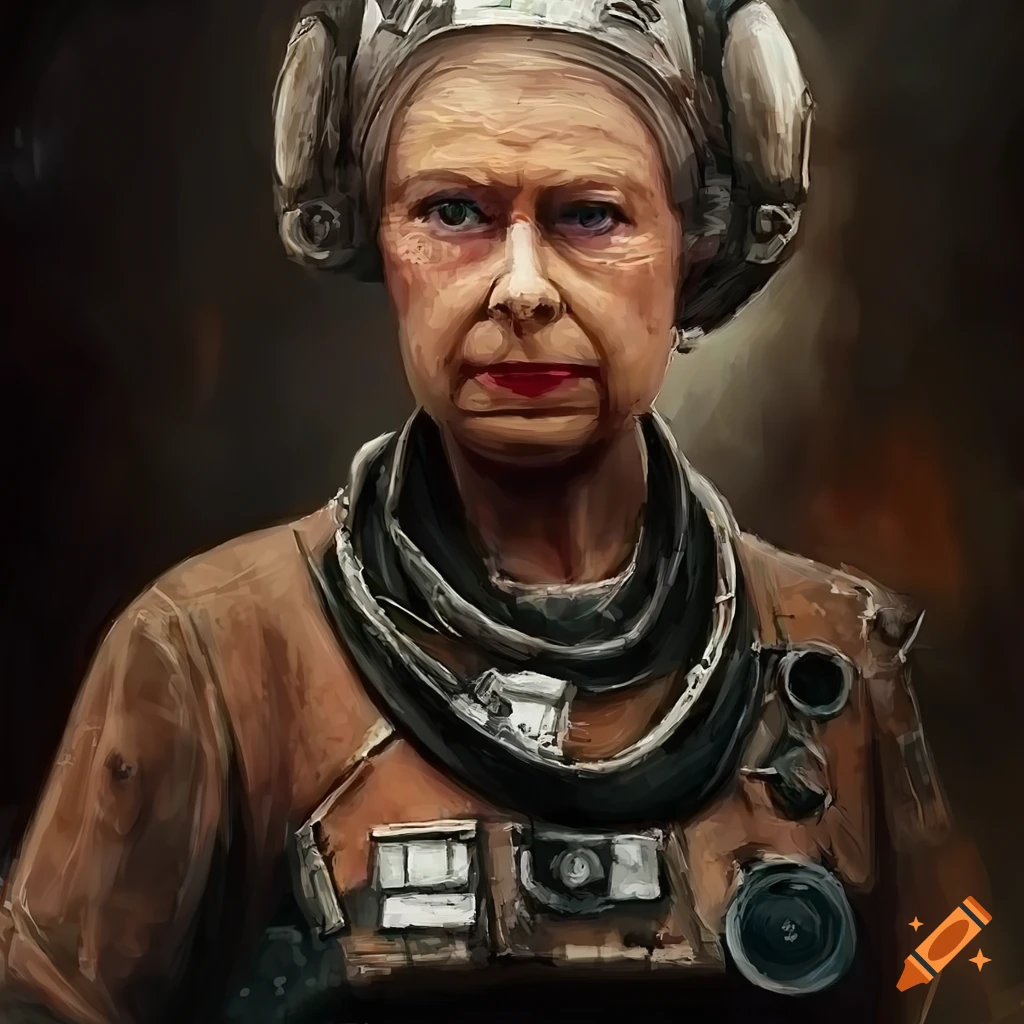 Queen elizabeth in star wars x-wing pilot attire beside a destroyed x ...
